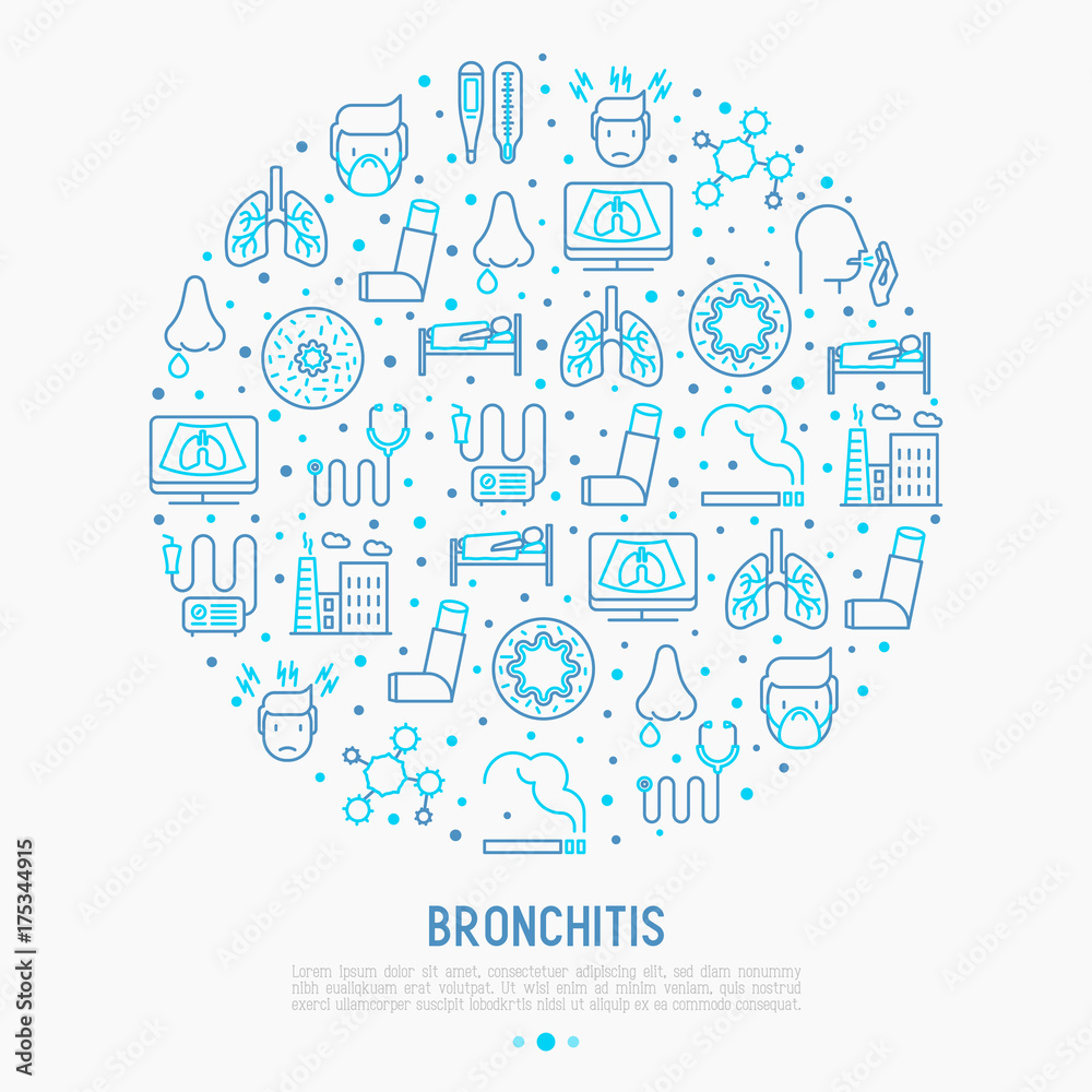 Bronchitis concept in circle with thin line icons of symptoms and ...