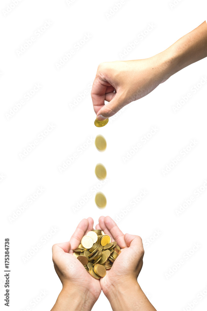 Male hand give and recieve golden coins. Saving, money, finance ...