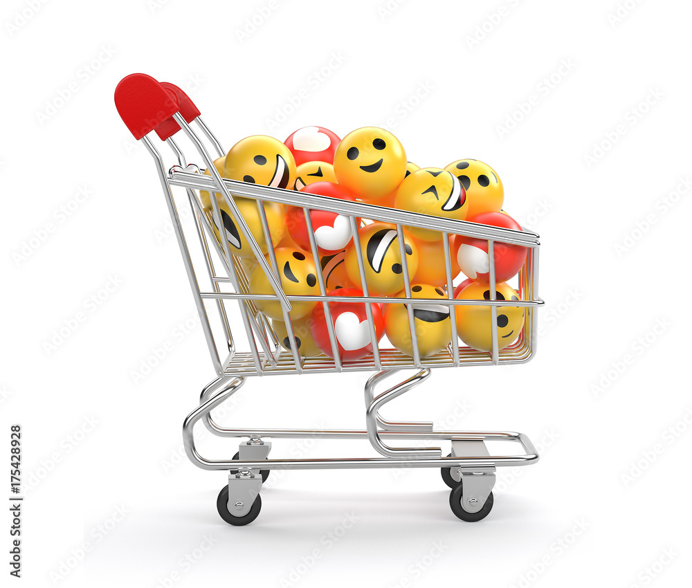 Shopping carts with balls smiles. Sale of likes in social media. white ...