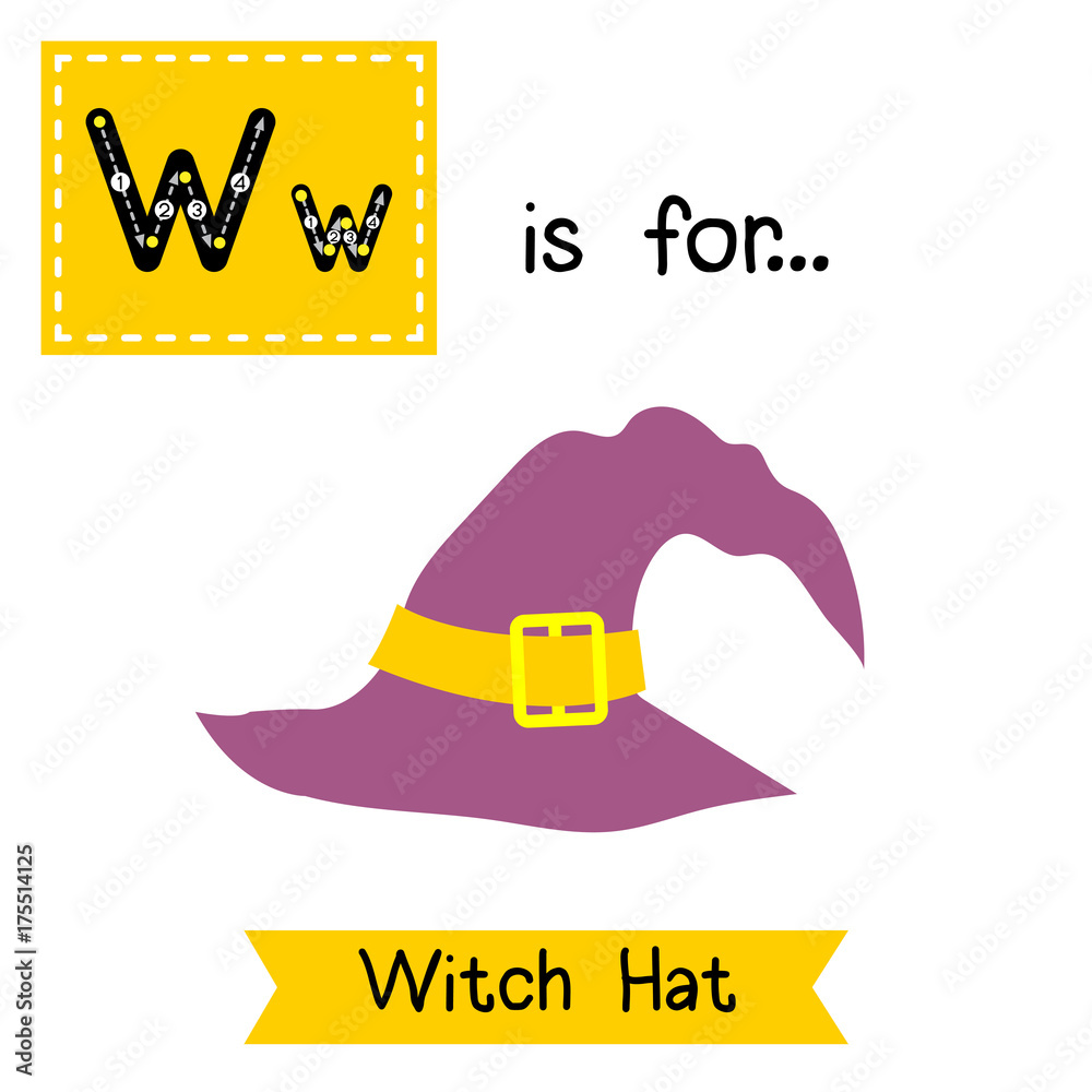 Cute children ABC alphabet W letter tracing flashcard of purple Witch ...