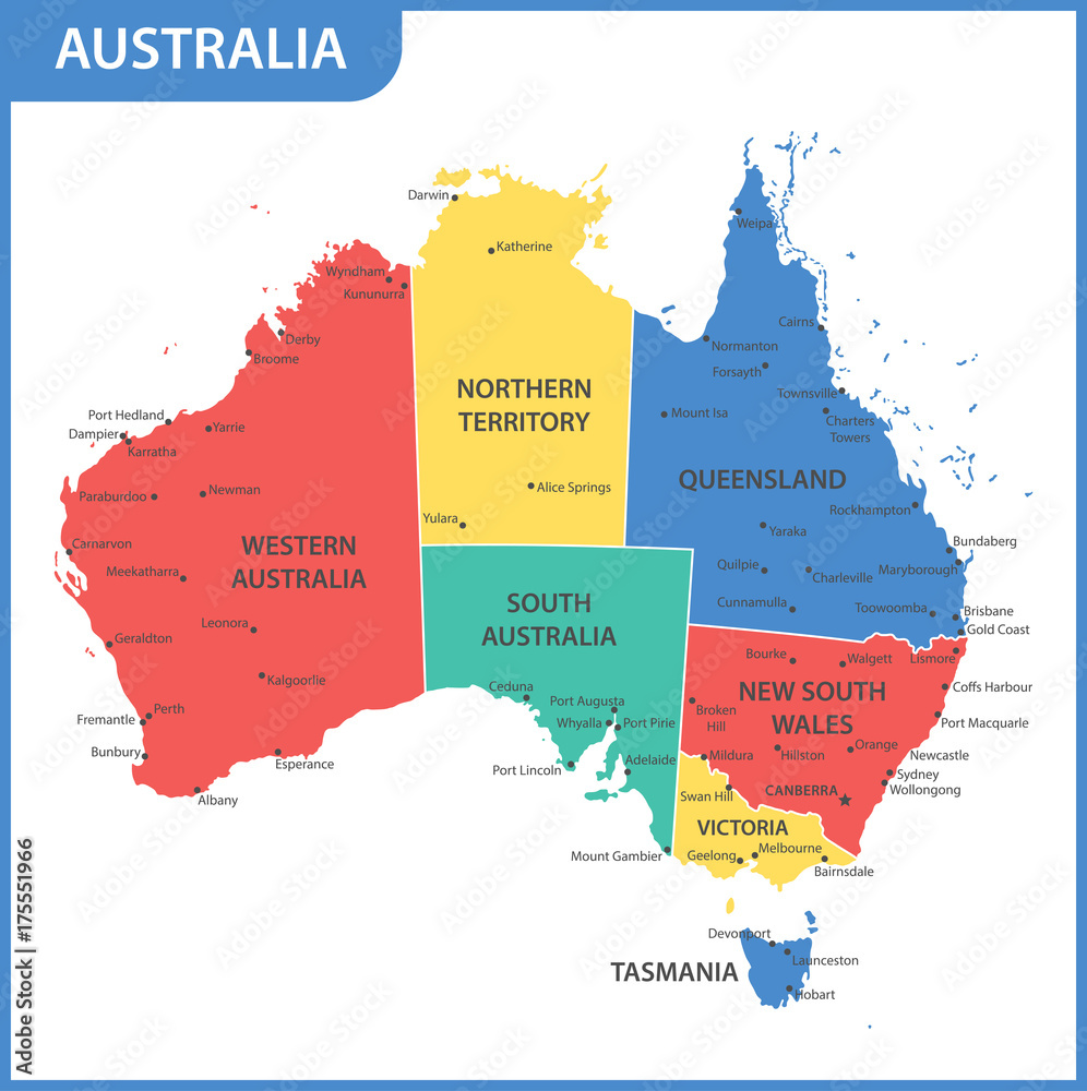 The detailed map of the Australia with regions or states and cities ...