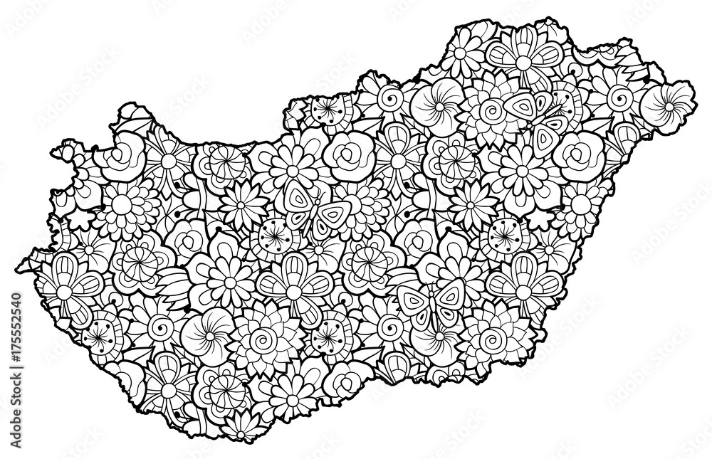 Stock-Vektorgrafik „Map of Hungary with flowers. Black and white vector ...