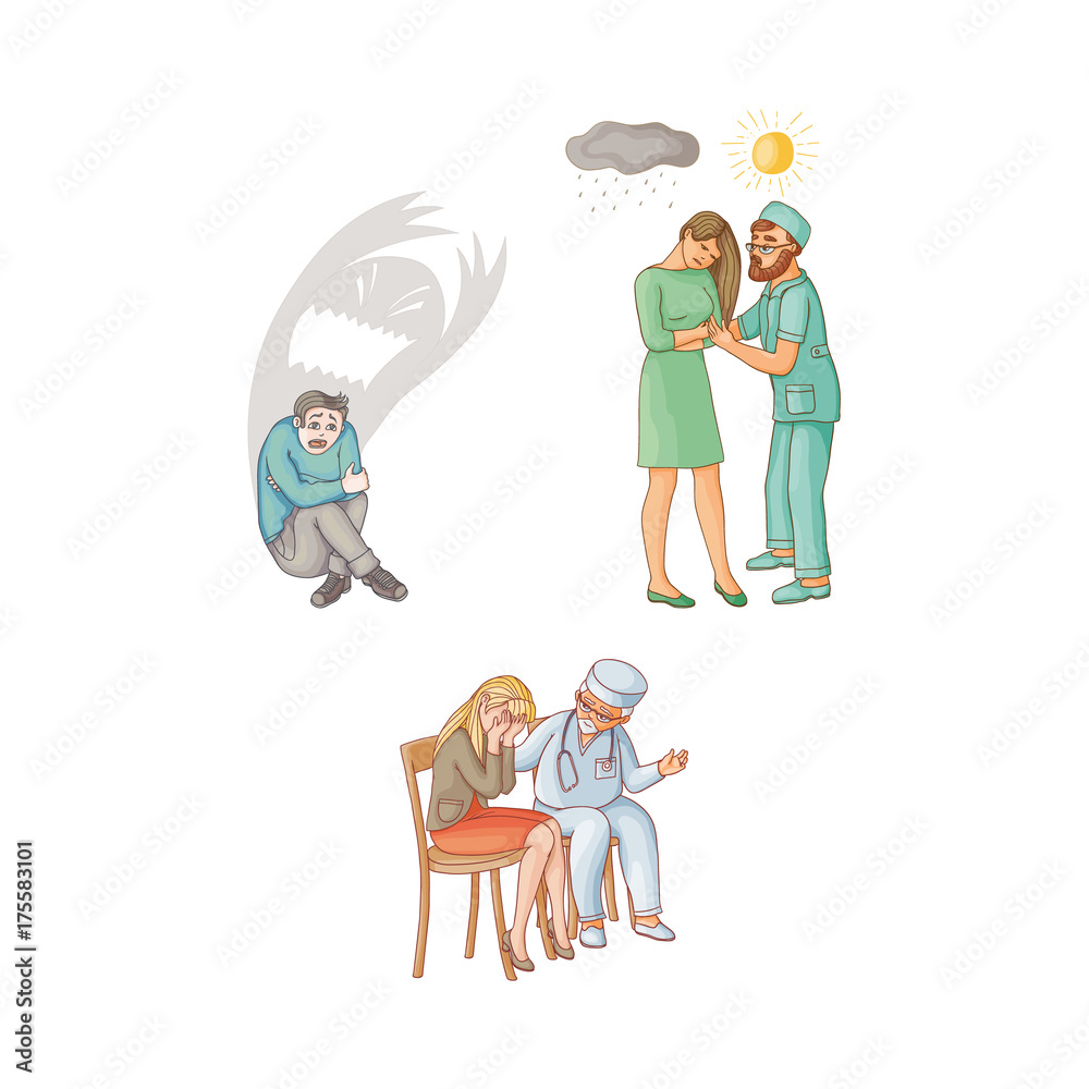 vector flat doctor calming woman crying grieving sitting at chair, man ...
