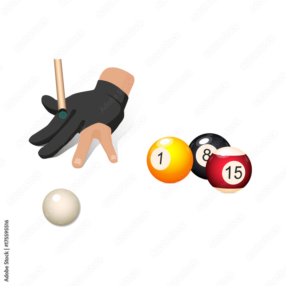 Set of billiard, snooker objects – balls and hand in pool glove aiming ...