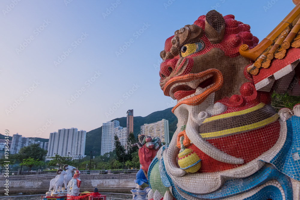 Colorful God statues are located at the Repulse Bay is a quaint Taoist ...
