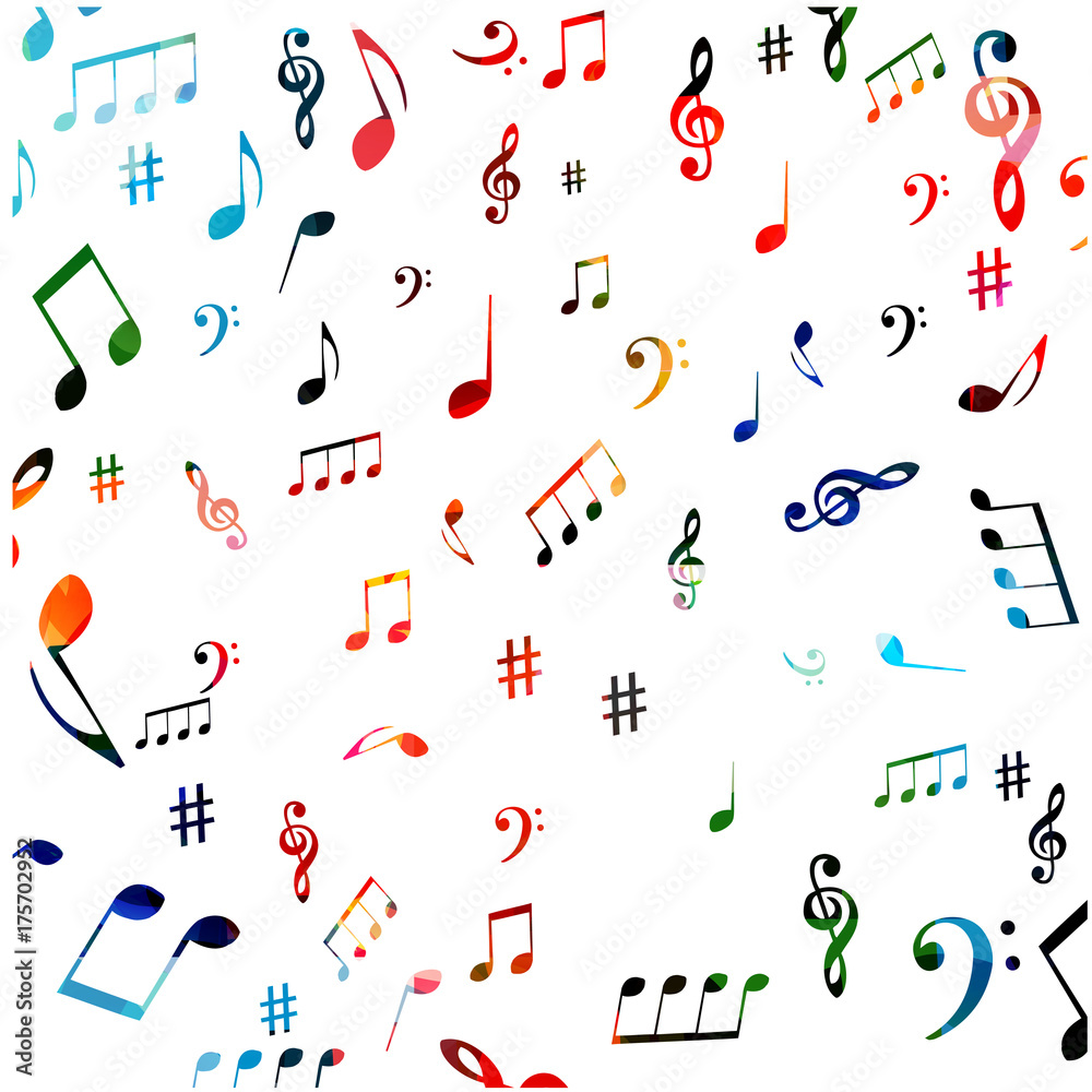 Music symbols seamless background design. Isolated colorful music notes ...