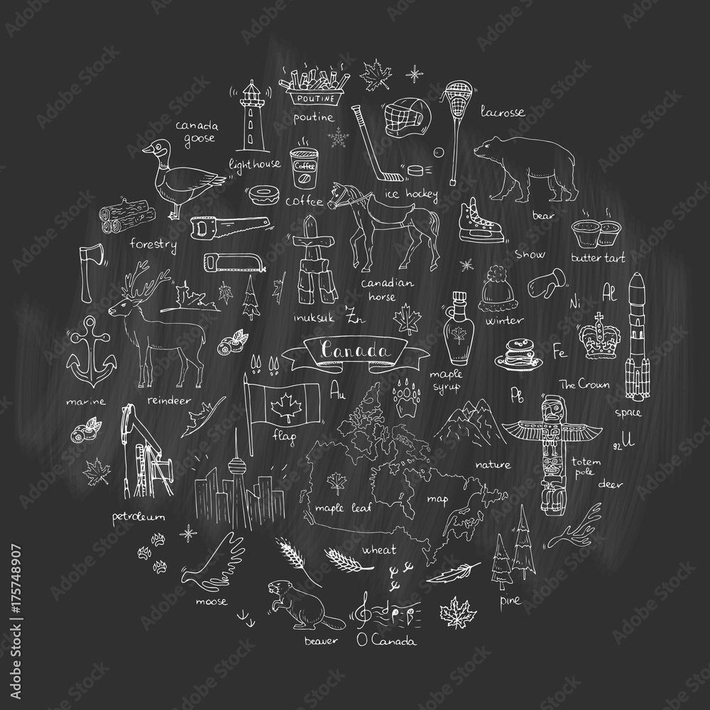 Hand drawn doodle Canada icons set Vector illustration isolated symbols collection of canadian ...