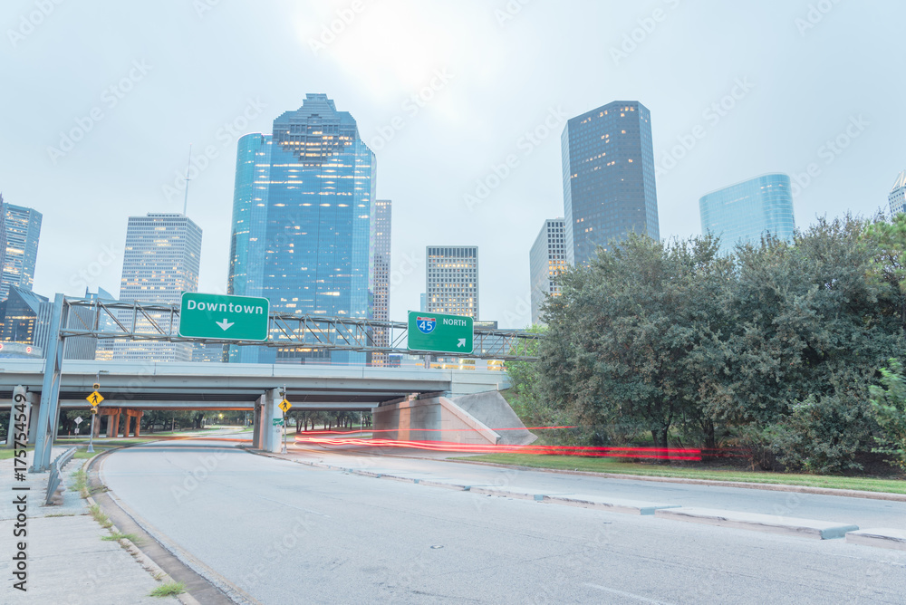 Downtown Houston from Allen Parkway near Sabine street at blue hour ...