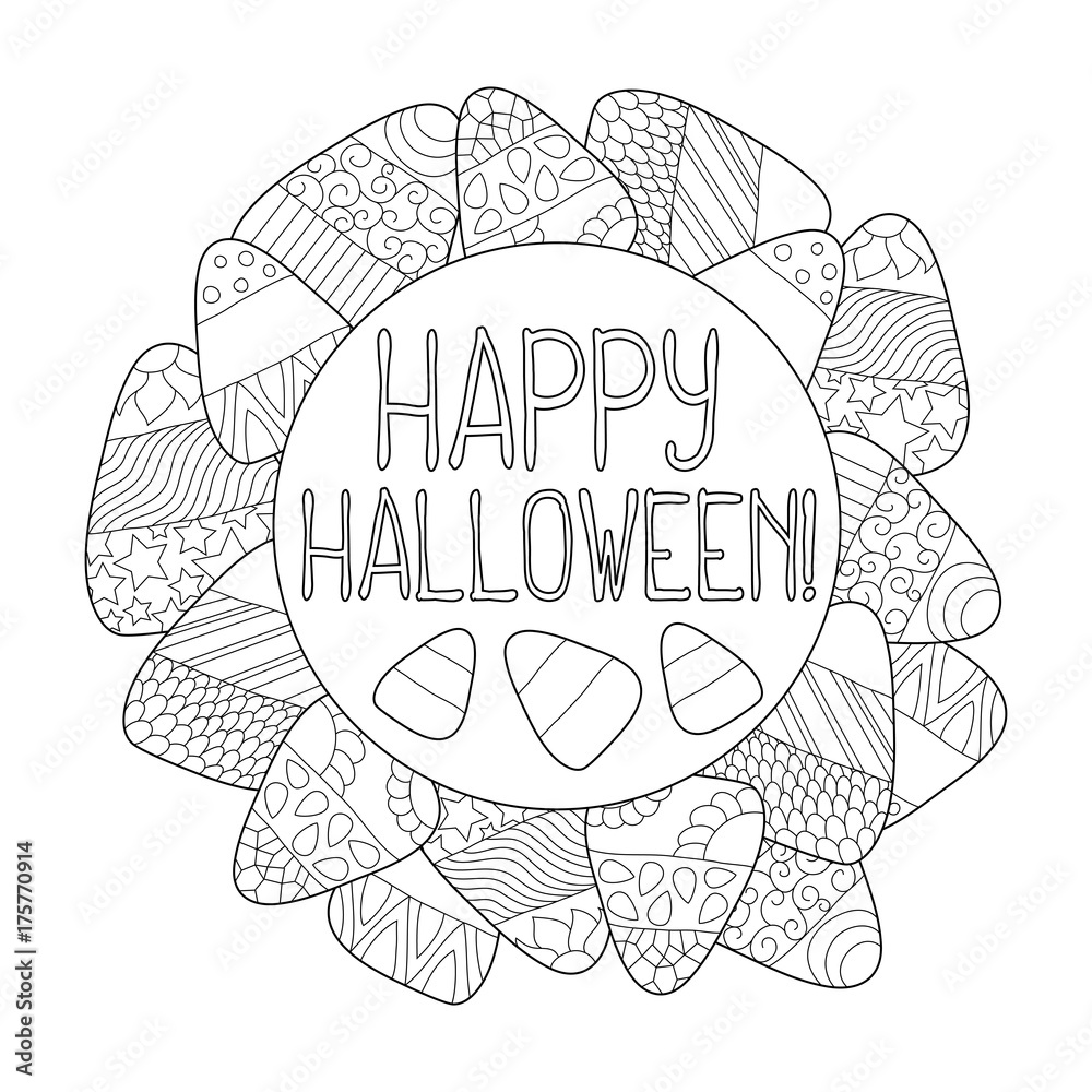 Candy corn vector coloring page. Happy Halloween greeting card. Candy ...