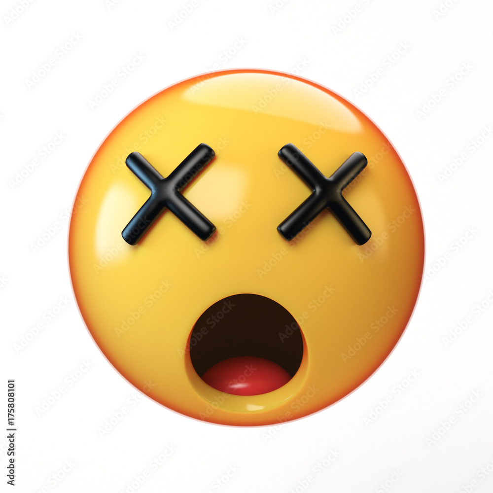 Dead face emoji isolated on white background, cross eyes emoticon 3d ...