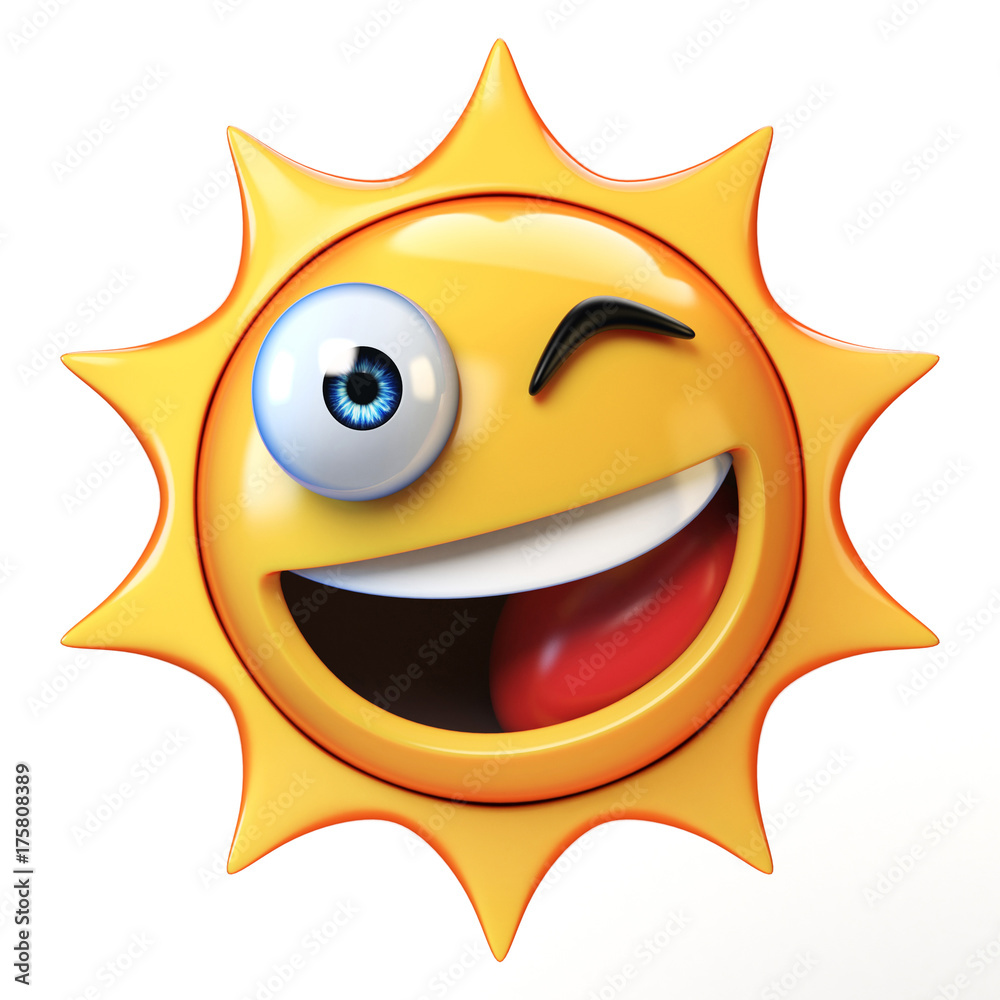 Cartoon sun emoji isolated on white background, sunshine emoticon 3d ...