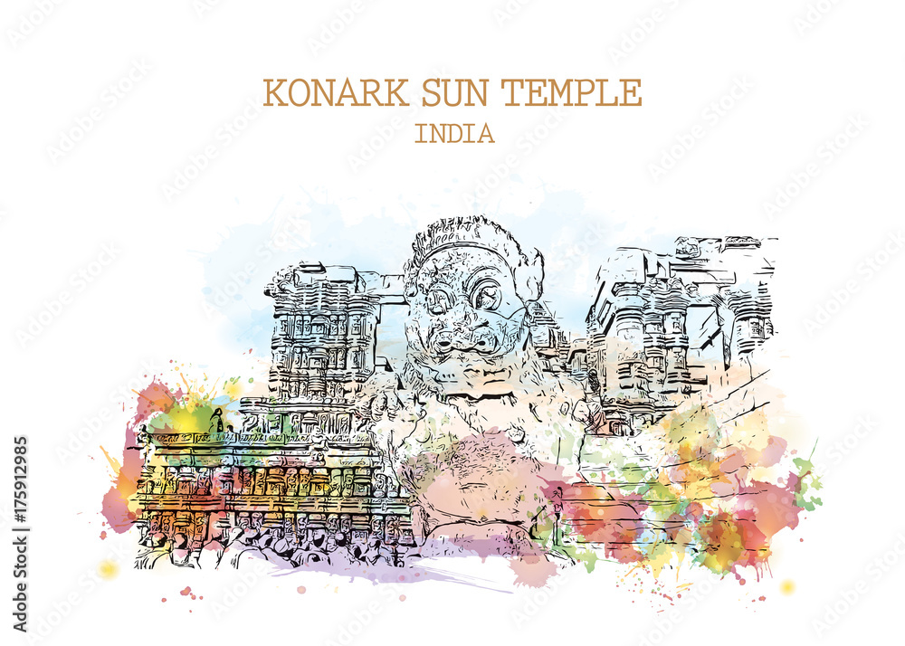 Watercolor sketch with splash of Konark Sun Temple India in vector ...