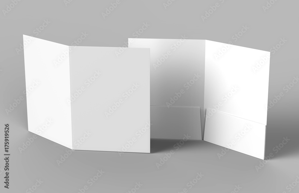 Blank white reinforced pocket folders on grey background for mock up ...