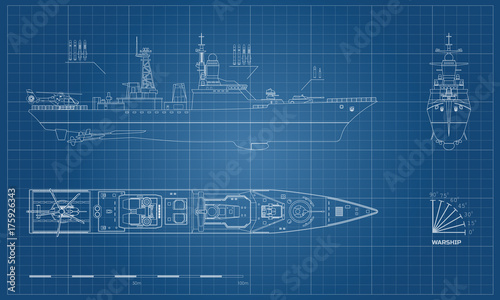 Blueprint of military ship. Top, front and side view. Battleship model ...