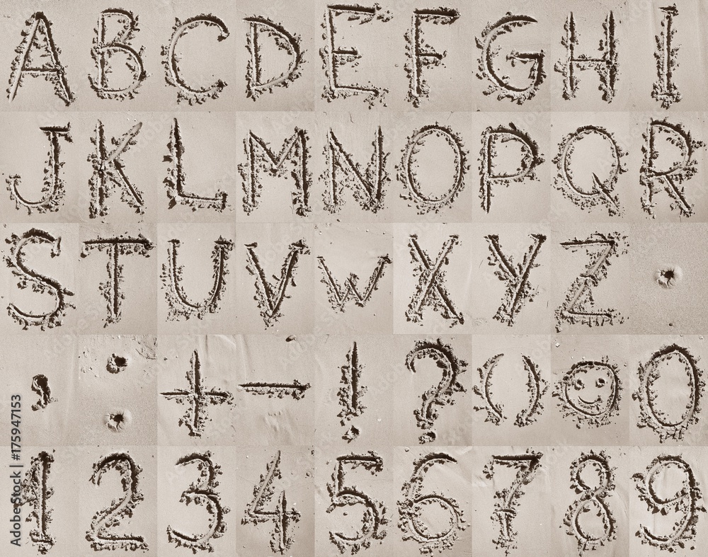 Handwritten English alphabet, numbers and mathematical symbols on the ...