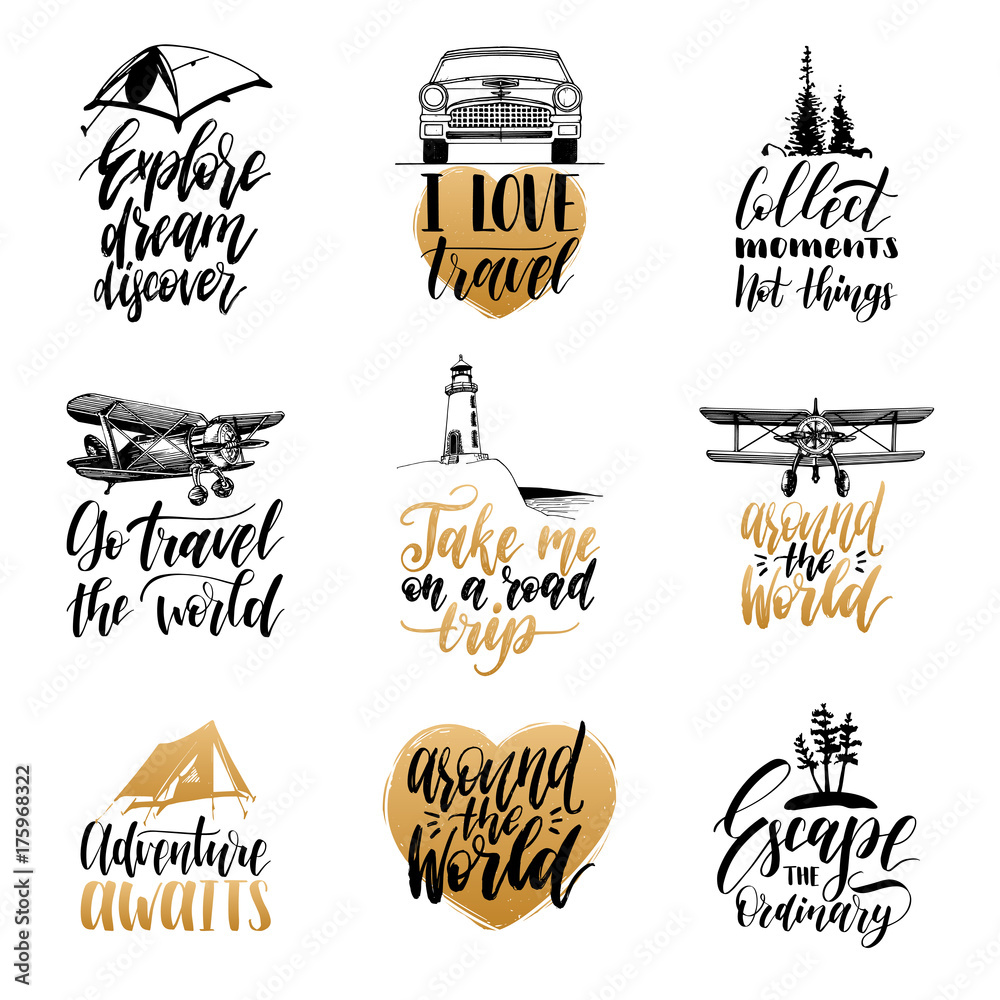 Vector set of hand lettering with phrases about traveling and sketches ...