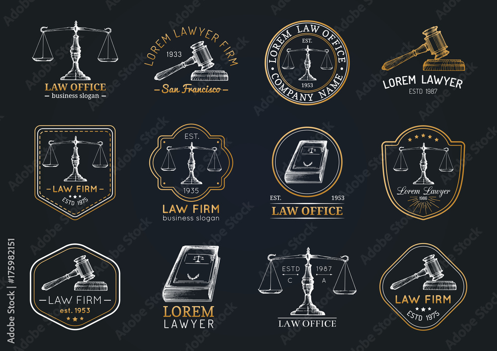 Law office icons set with scales of justice, gavel etc illustrations ...