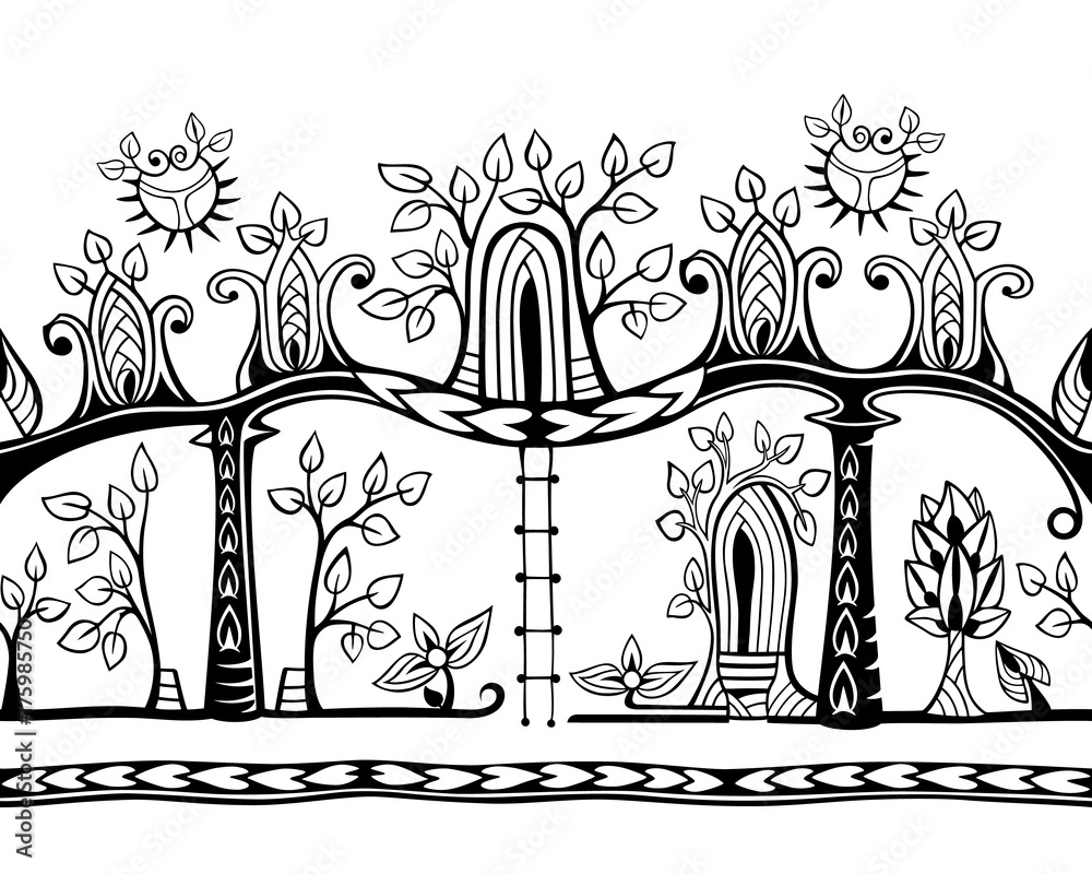 Fantasy forest. Seamless pattern. Doodle and zentangle style. Hand ...