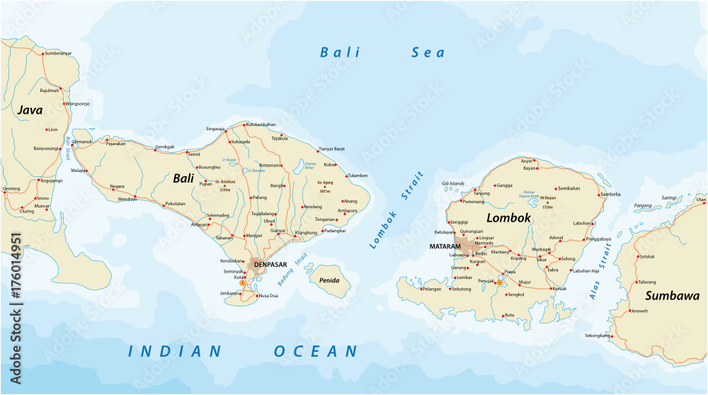 Vector road map of Indonesian Lesser Sunda Islands Bali and Lombok ...