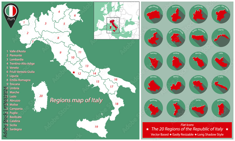 Italy vector map with counties/regions/states and flat icons from ...