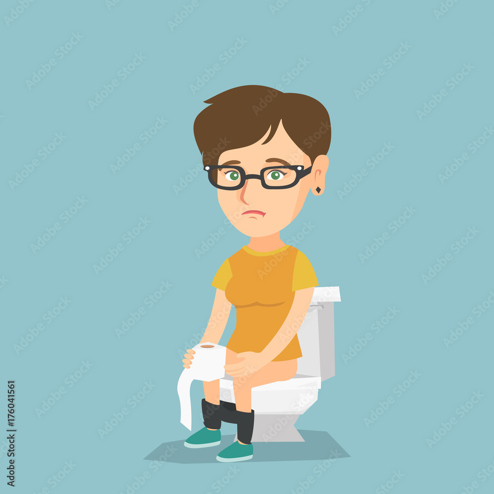 Caucasian woman sitting on the toilet bowl and suffering from diarrhea ...