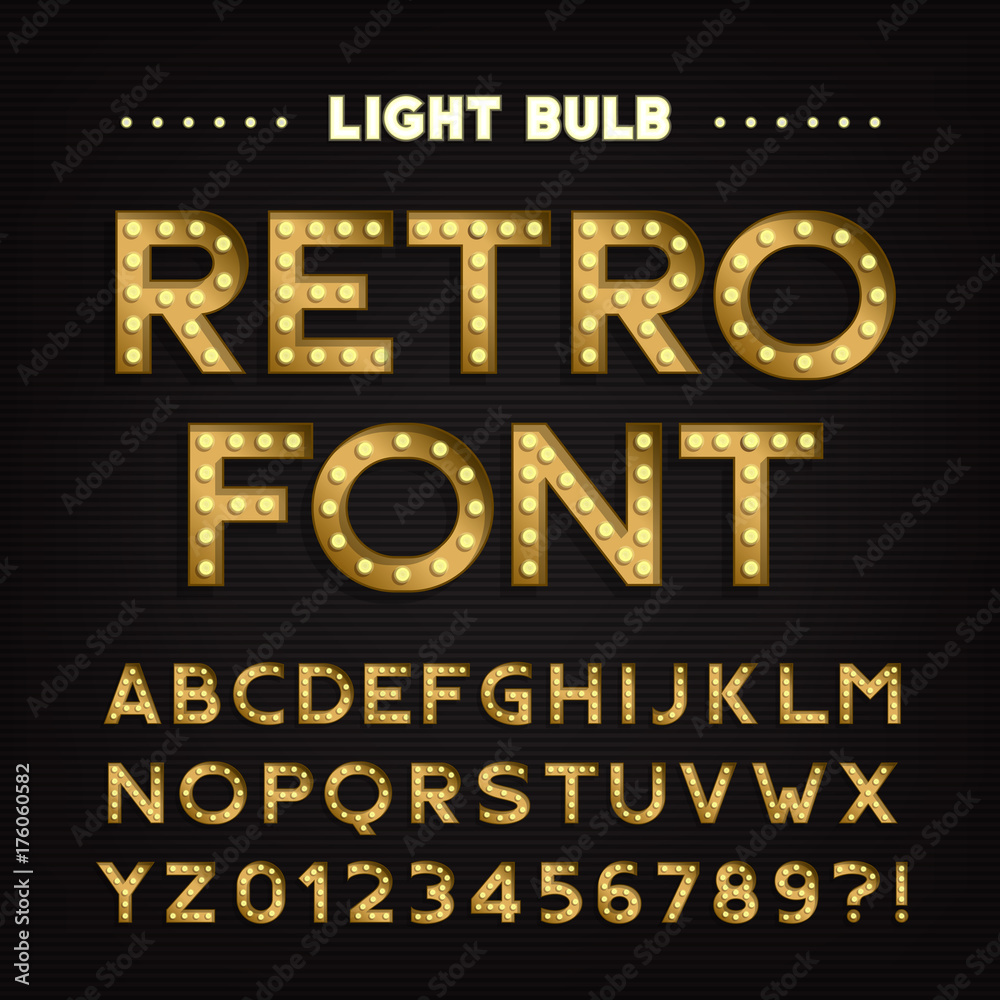 Retro sign alphabet. Vintage light bulb type letters and numbers ...