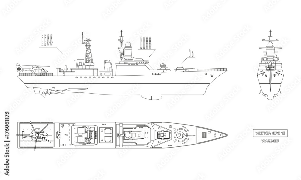 Blueprint of military ship. Top, front and side view. Battleship model ...