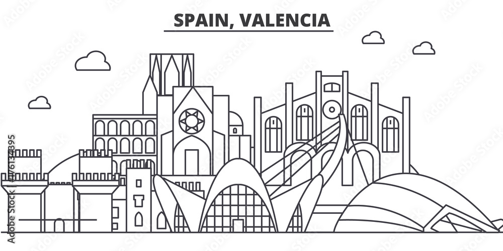 Spain, Valencia architecture line skyline illustration. Linear vector ...