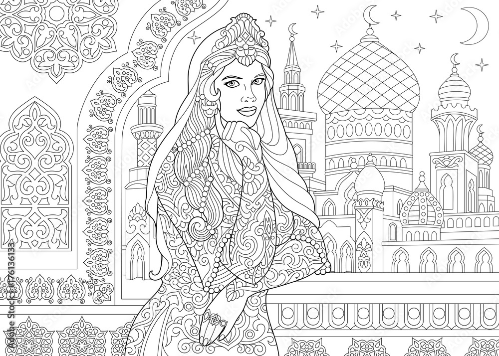 Coloring page of turkish woman. Islamic filigree decor, arabic mosque ...