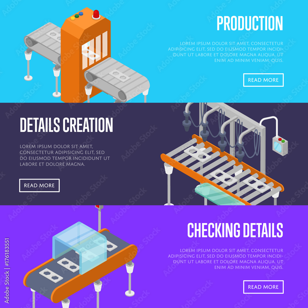 Production line isometric posters set. Details creation and visual ...