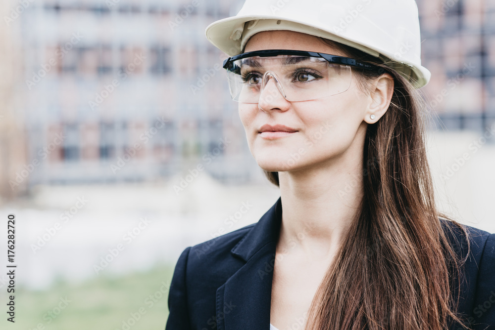 Beautiful woman civil engineer close up portrait in front Stock Photo ...