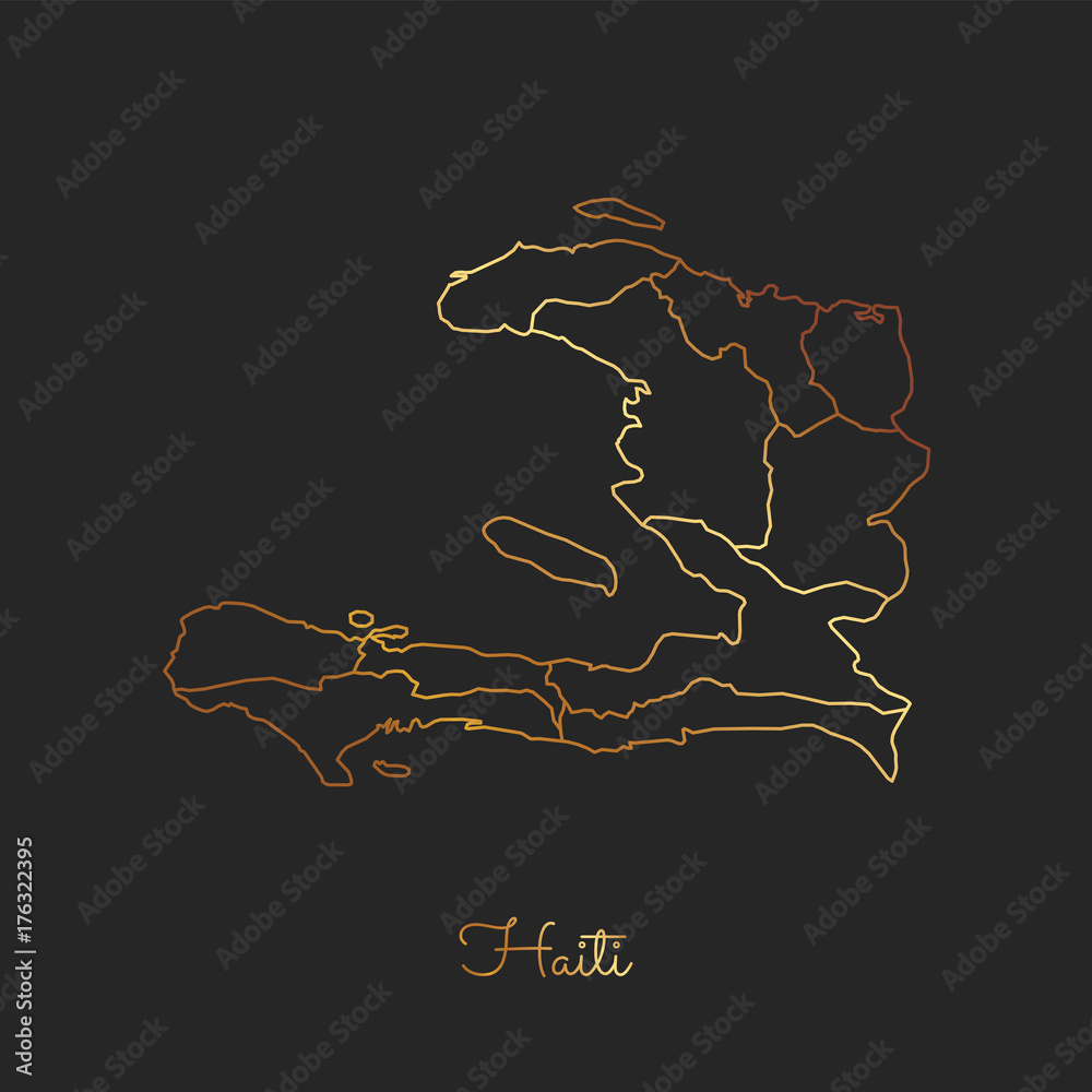 Haiti region map: golden gradient outline on dark background. Detailed map of Haiti regions ...
