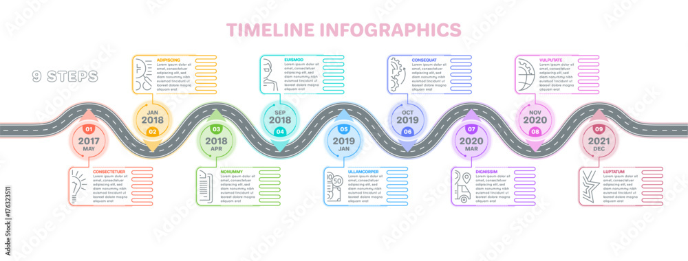 Navigation map infographics 9 steps timeline concept. Creative f Stock ...