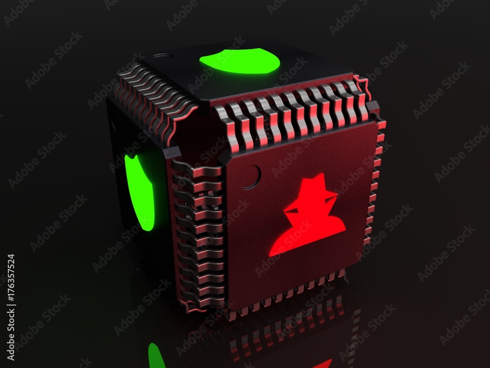 Black cube made from cpus with green shield icons on each side and one ...