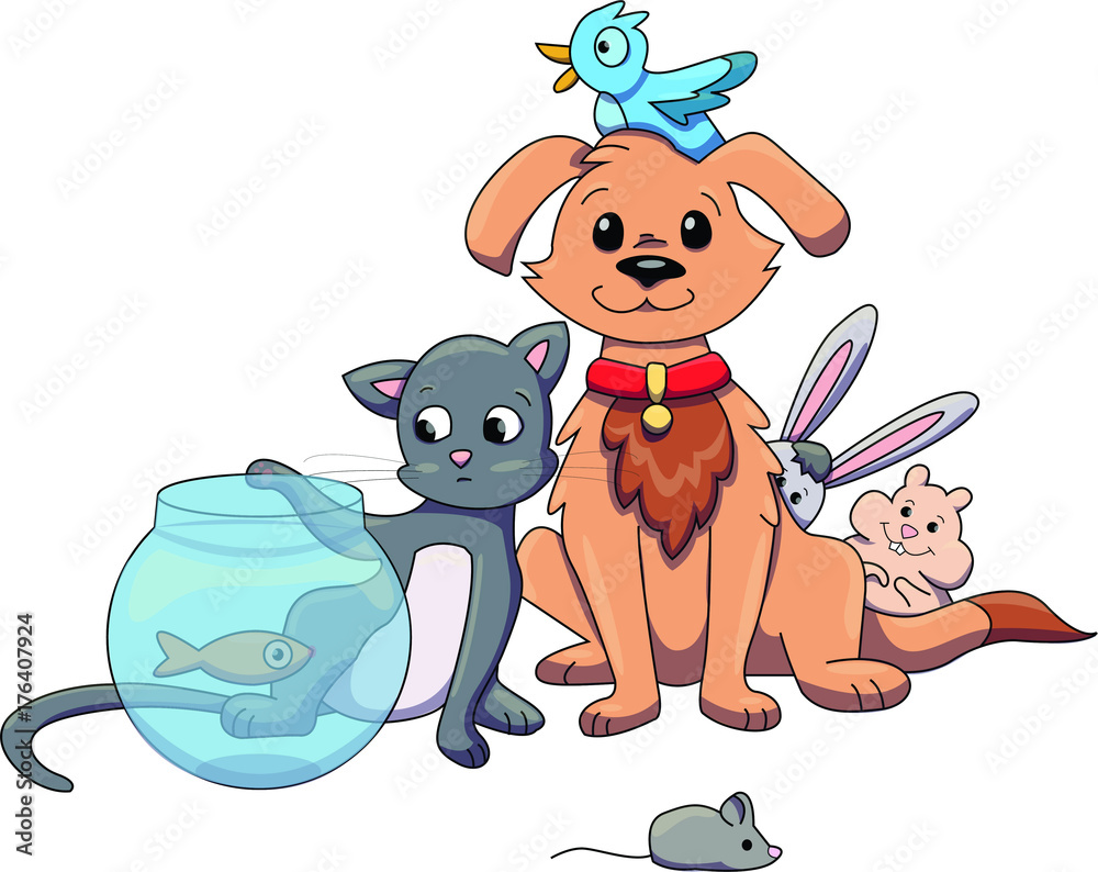 Group of pets from a pet shop sitting together. Cat, dog, fish, hamster ...