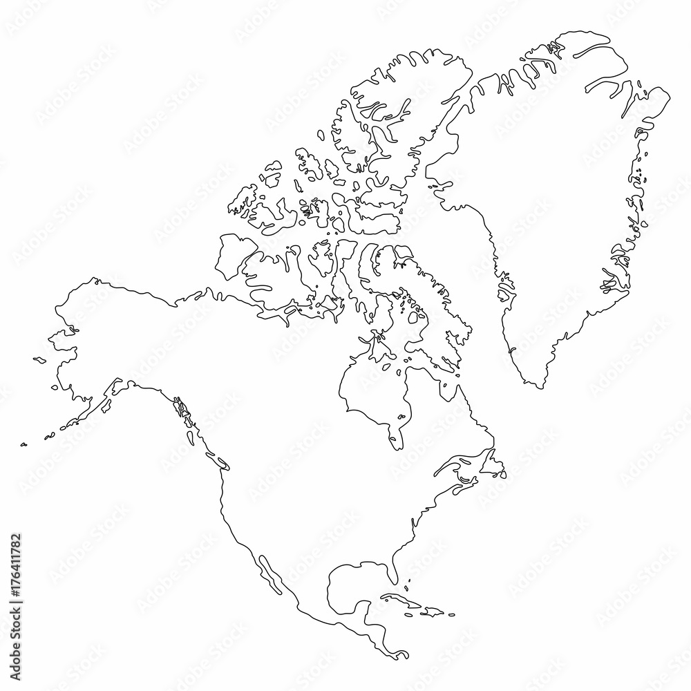 North America map outline graphic freehand drawing on white background ...