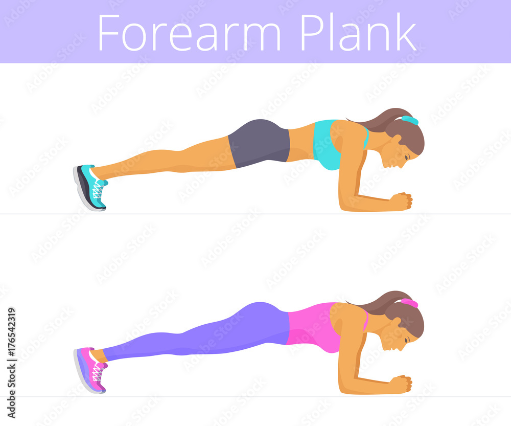 Beautiful white young women are doing the forearm plank exercise. Flat ...