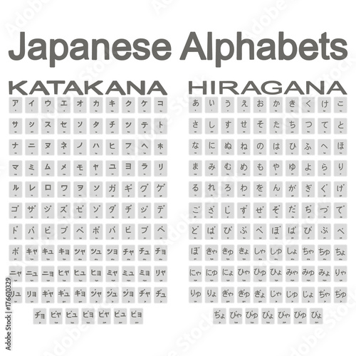 Set of monochrome icons with japanese alphabets hiragana and katakana ...