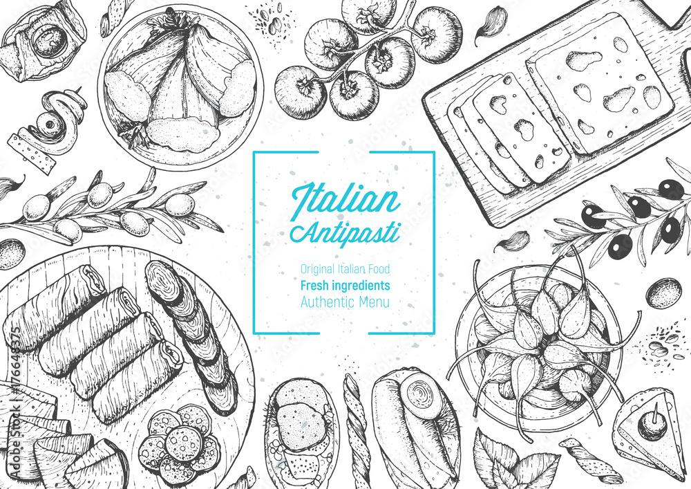 Italian food top view. A set of Italian Antipasti. Food menu design ...