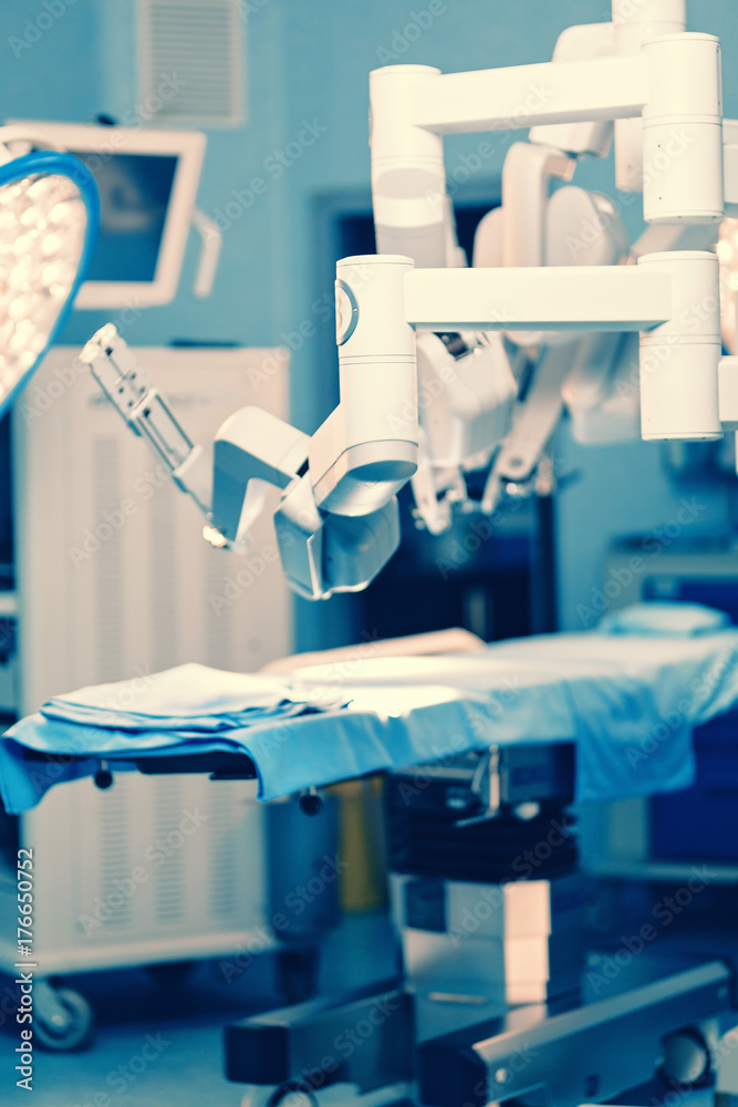Surgical room in hospital with robotic technology equipment, machine ...