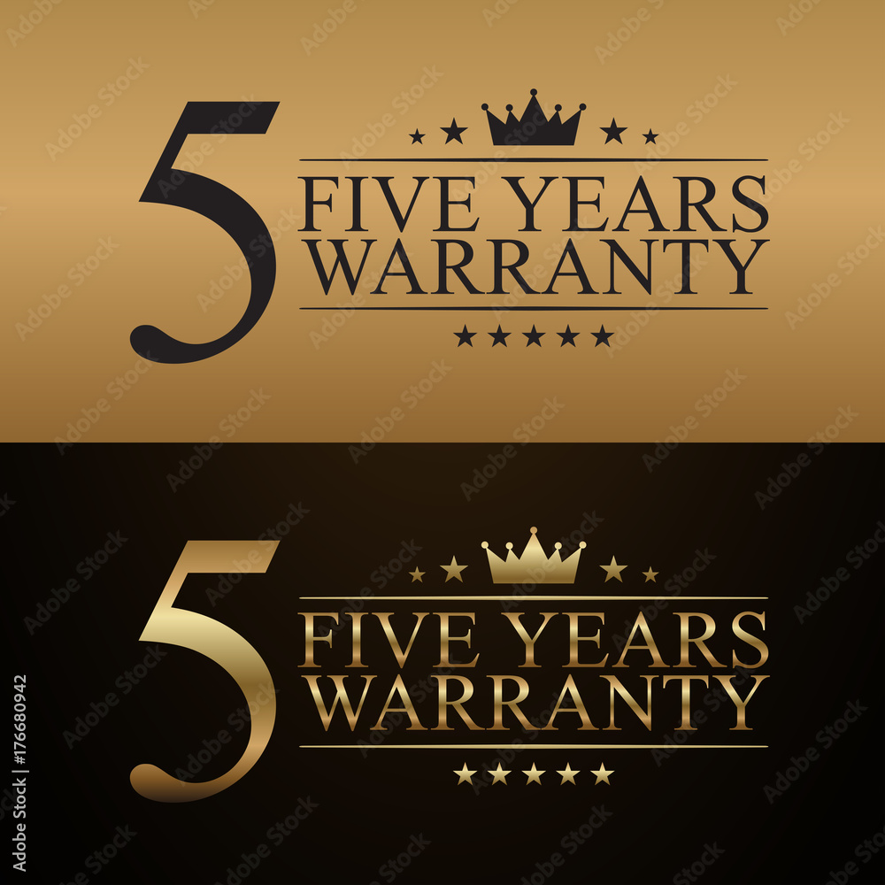 5 Years Warranty background with crown and star on gold and black ...