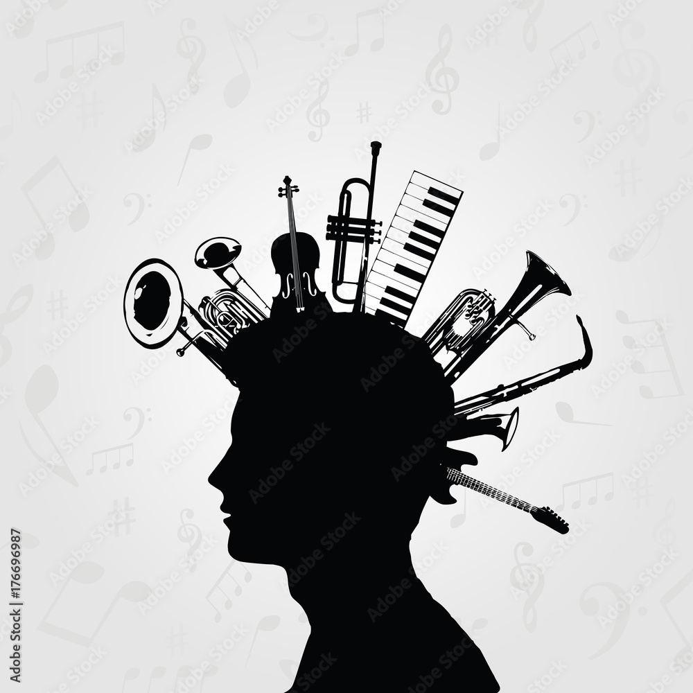 Black and white man silhouette with music instruments. Music ...