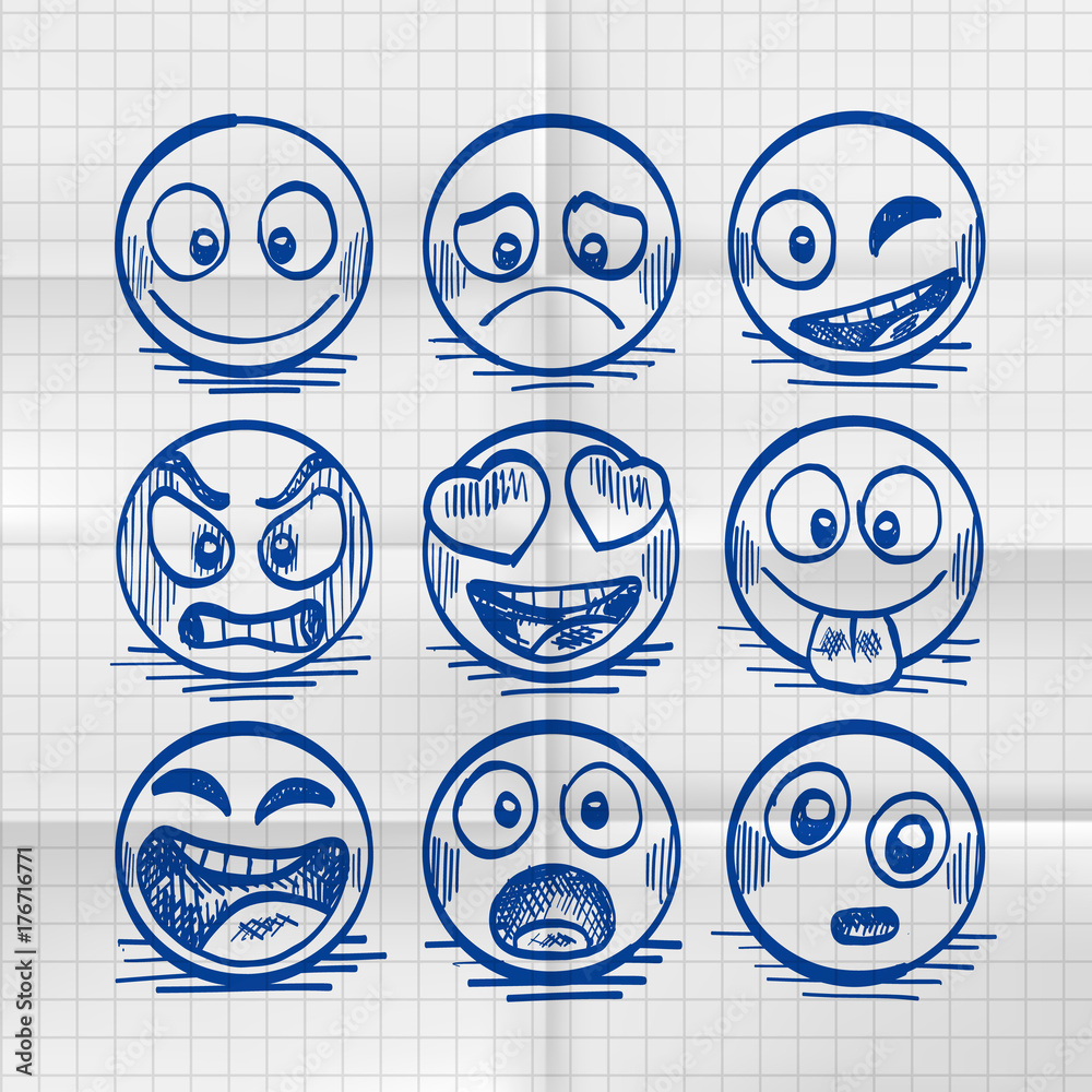 Sketch of hand drawn set of cartoon emoji. Vector illustration Stock ...