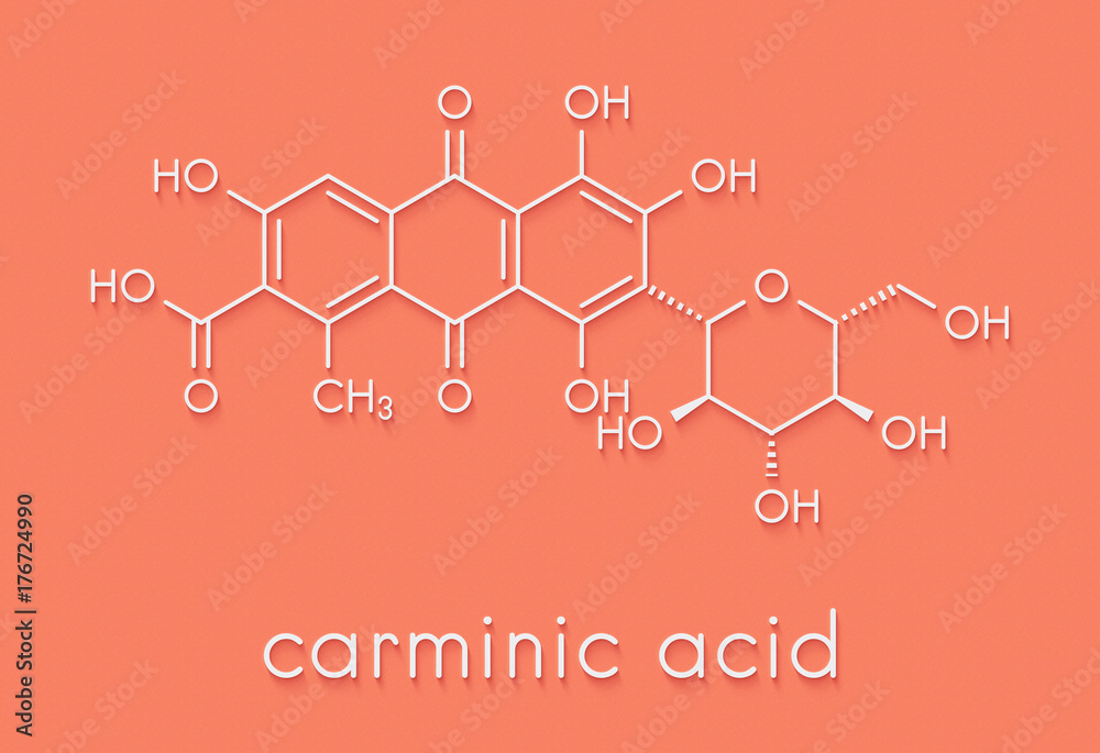Carminic acid pigment molecule. Occurs naturally in cochineal (scale ...