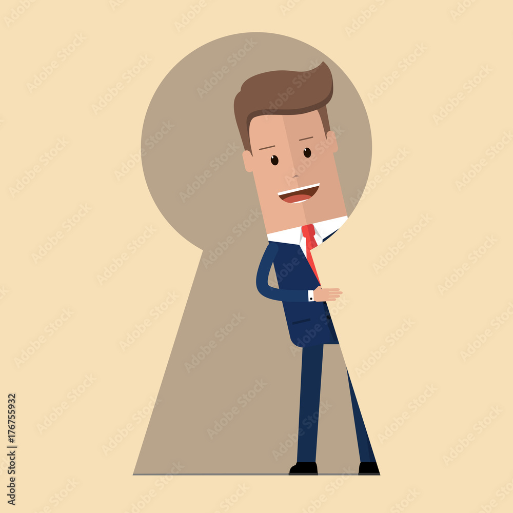 Businessman looking out of giant keyhole with curiosity . Metaphor of ...
