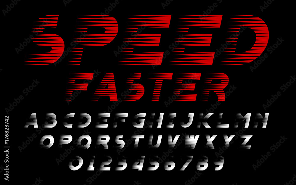 Decorative speed alphabet vector fonts and numbers.Typography design ...