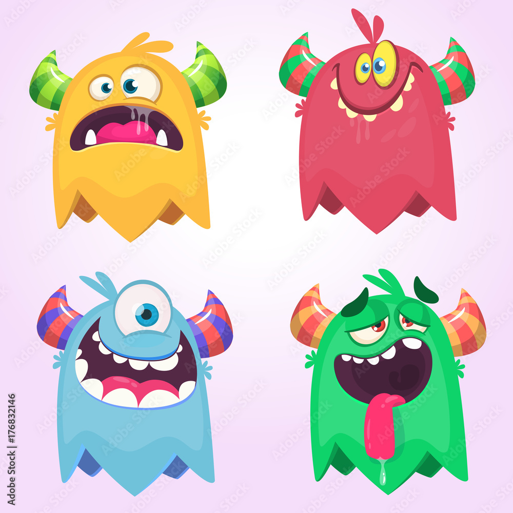 Cute happy cartoon monster with horns. Smiling monster with big mouth ...