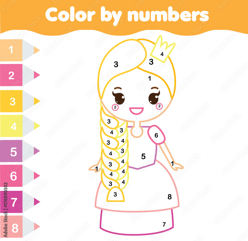 Children educational game. Coloring page with cute prnicess. Color by ...
