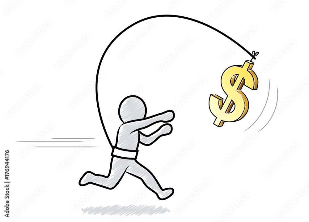 Ein Mann jagt dem Geld hinterher | 3D-Dollarzeichen | Zeichnung, grau ...