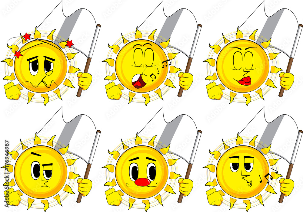 Cartoon sun holds white flag of surrender. Collection with various ...